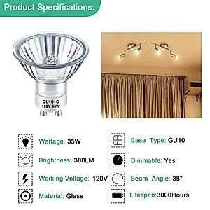 TAIYALOO GU10 Halogen 35W Bulbs, Dimmable MR16 GU10+C 120V 35W for Track, Recessed, Candle Warmer, Range Hood Light Bulbs, 2700K Warm White, Pack of 4