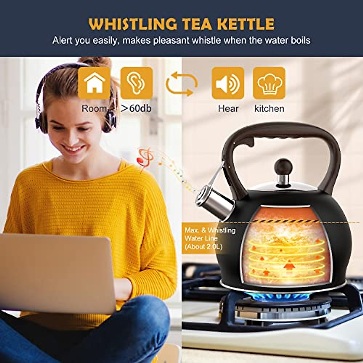 Tea Kettle Whistling Teapot for Stovetop : 2.64 Quart Food Grade Stainless Steel Tea Pot with Wood Pattern Handle, Loud Whistle Kettle for Tea, Coffee, Milk - Black