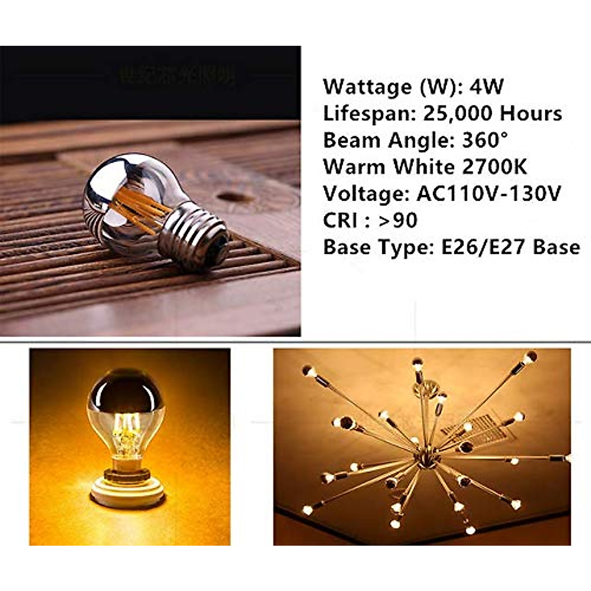 Lxcom Lighting 4W G45 Edison LED Bulb Silver Tipped Dimmable Vintage LED Filament Bulbs(4 Pack)- E26 Base G45 Antique Half Chrome LED Light Bulb Warm White 2700K 40W Equal,AC110V-130V