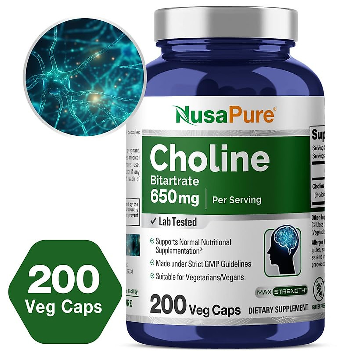 NusaPure Choline Bitartrate 650 mg 200 Veggie Capsules (Vegetarian, Non-GMO, Vegan)