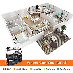 GOFLAME 5 Drawer Dresser with Shelves, Freestanding Fabric Dresser Organizer with Metal Frame, Anti-toppling Devices, Storage Tower Unit, Chest of Drawers for Living Room, Bedroom, Entryway