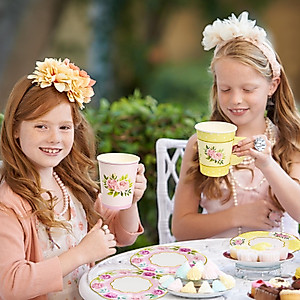 ceiba tree Floral Paper Disposable Tea Cups with Handle and Saucers Tea Party Decorations Favors 24 Sets for Girls Women Flower Birthday Baby Shower Wedding Party Supplies