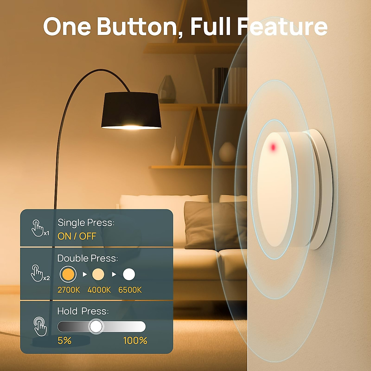 Linkind Smart Button, Bluetooth Light Switch, Exclusive AiDot Smart Bulb, Smart Light Bulbs Dimmer Switch, Remote Button Control, On Off Power Switch, 98FT RF Range, Wire-Free, 1 Pack