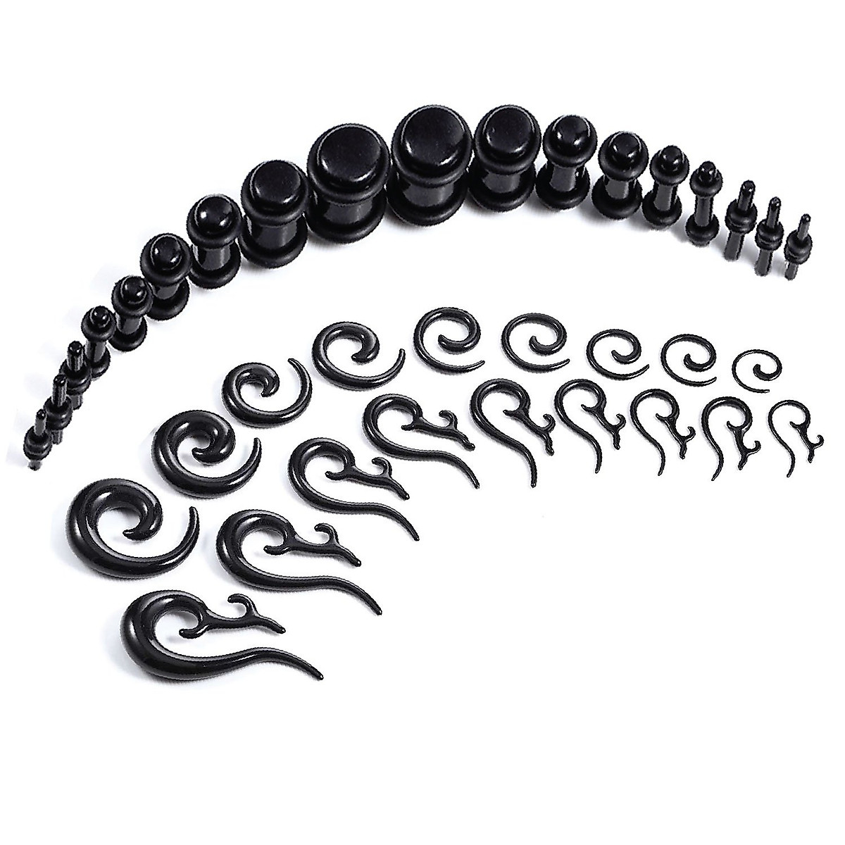 BodyJ4You Black Plugs Kit with Spiral and Tribal Tapers Kit 54 pieces Gauges Kit 14G-00G Stretching Set