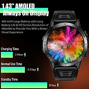 Military Smart Watches for Men with Bluetooth Call 1.43" AMOLED Always On Display Rugged Outdoor Tactical Smartwatch with Heart Rate Blood Pressure Sleep Monitor Sports Fitness Watch for Android iOS
