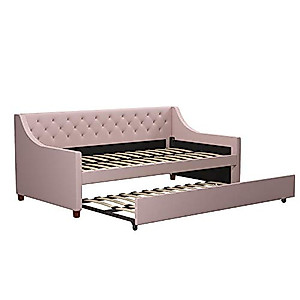 Novogratz Her Majesty Upholstered Daybed with Trundle, Twin Size Frame, Pink Linen