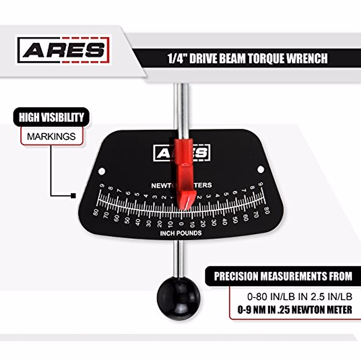 ARES 70213-1/4-inch Drive Beam Torque Wrench - 0-80 Inch/Pounds and 0-9 Newton/Meter Torque Wrench - High Visibility Markings for Easy Readings