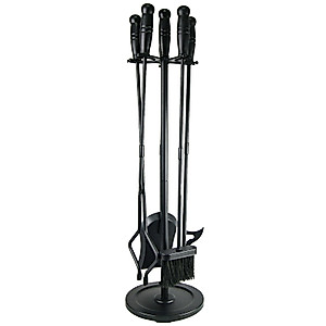 VODA Fireplace Tools Set 5 Pcs 31In Cast Iron Fireplace Tools Indoor Fireside Accessories Large Fire Place Tool Set Outdoor Holder Fire Kit with Poker Shovel Tongs Brush, Stand
