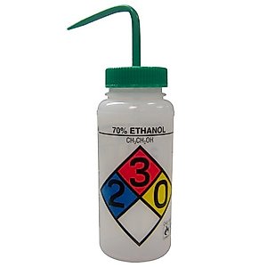 SP Bel-Art Safety-Labeled 4-Color 70% Ethanol Wide-Mouth Wash Bottles; 500ml (16oz), Polyethylene w/Green Polypropylene Cap (Pack of 4) (F11716-0020)