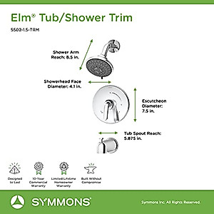 Symmons 5502-1.5-TRM Elm Single Handle 5-Spray Tub and Shower Faucet Trim ,Chrome - 1.5 GPM (Valve Not Included)