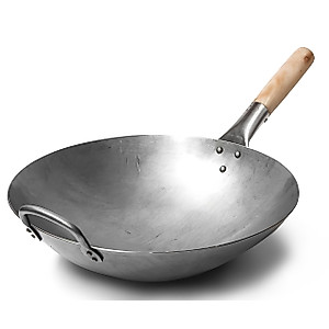 Craft Wok Traditional Hand Hammered Carbon Steel Pow Wok with Wooden and Steel Helper Handle (14 Inch, Round Bottom) / 731W88