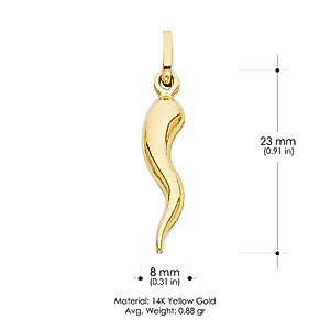 14K Yellow Gold Cornicello Italian Horn Necklace Good Luck Charm Pendant with 1.9mm Figaro 3+1 Chain - 16"