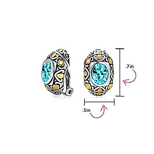 Tow Tone Bali Style Aqua Blue Oval Clip On Earrings For Women Simulated Aquamarine CZ Cubic Zirconia Rhodium Plated