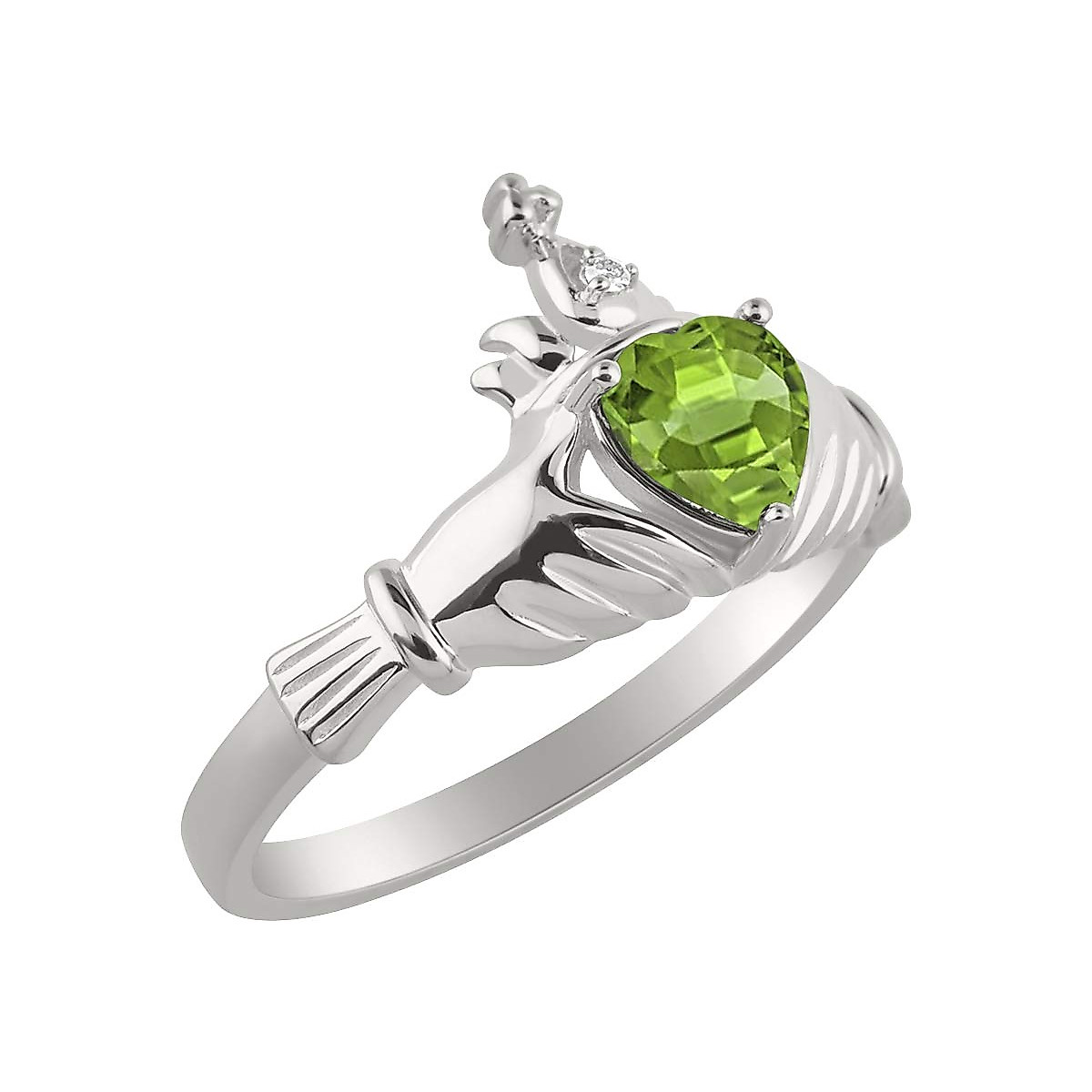 Rylos Rings Sterling Silver Claddah Love, Loyalty & Friendship Ring Heart 6MM Gemstone & Diamond Claddagh Rings August Peridot Jewelry Size 11