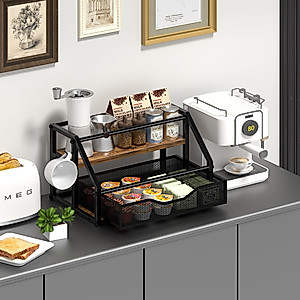 Coffee Syrup Rack Organizer, Syrup Bottle Holder Stand for Coffee Bar, 2-Tier 8 Bottles Storage Shelves for Syrup, Wine, Dressing for Kitchen Countertop, Rustic Brown & Black