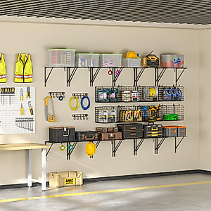 ThreeHio 2 Pack Garage Shelves Wall Mounted with Wire baskets, Heavy Duty Garage Wall Shelving with Hooks, Wire Shelf Baskets Tool Organizer for Home Garden Garage Organization and Storage