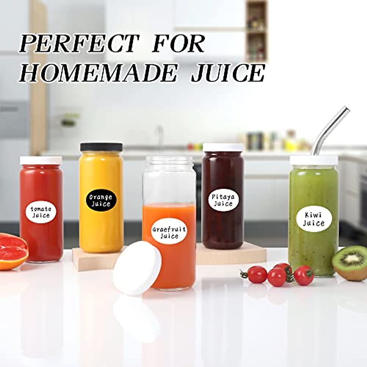 Glass Juice Bottles for Juicing, Airtight Lids & 4 Straws & 4 Lids w Hole, 16 oz Jars with Lids, Reusable Travel Water Cups, 12 Labels for Smoothies, Tea, Milk, Homemade Beverage (6 Pack, Black Lids)