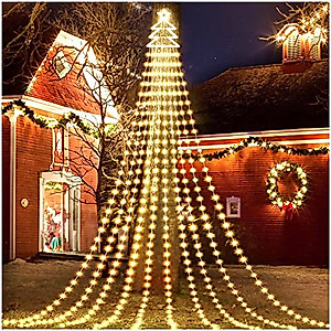 Gorrzai Outdoor Christmas Decorations Star String Lights 420 LED Waterproof String Lights with Christmas Tree Topper, 8 Lighting Modes Waterfall Lights for Tree Patio Garden Yard Party (Warm White)