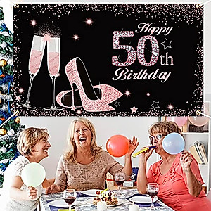 Excelloon Happy 50th Birthday Banner Backdrop Decorations for Women, Rose Gold Happy 50 Year Old Birthday Party Poster Supplies Photo Props, Fifty Birthday Party Decor Sign (6 X 3.6ft)