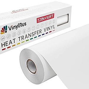 VinylRus Heat Transfer Vinyl-12” x 50ft White Iron on Vinyl Roll for Shirts, HTV Vinyl for Silhouette Cameo, Cricut, Easy to Cut & Weed
