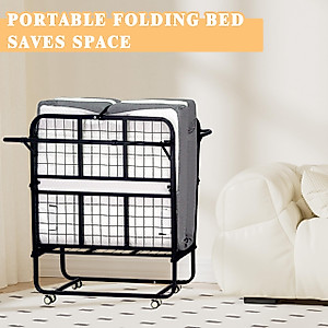 HXZDZ Folding Bed, Portable Foldable Bed with Mattress, 75"x 31" Rollaway Bed Guest Bed for Adults, Fold up Bed with Sturdy Metal Frame& Wheels, Space-Saving Sleeper Bed,Black
