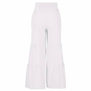 XUNRYAN Women's Linen Wide Leg Paper Bag Pants Elastic High Waisted Palazzo Pants Tiered Lounge Yoga Trousers with Pockets White