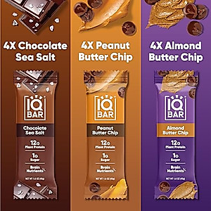 IQBAR Brain and Body Plant Protein Bars - Chocolate Lovers Variety - 12 Count, Low Carb, High Fiber, Gluten Free, Vegan Snacks - Low Sugar Keto Bars