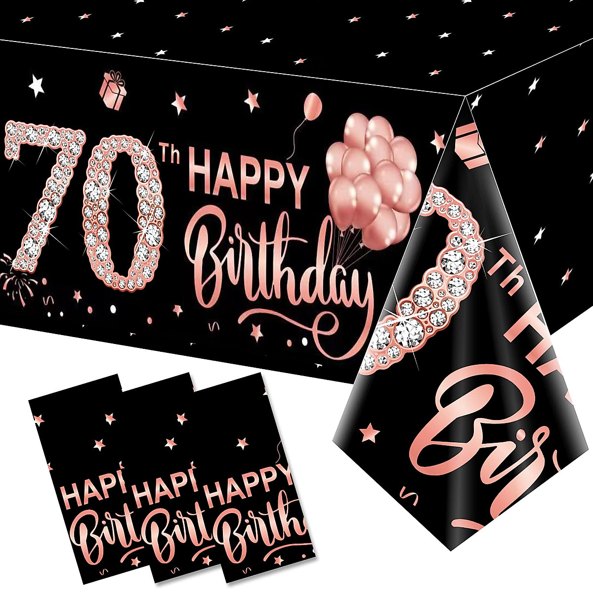 3 Pack 70th Birthday Tablecloth Decorations for Women, Rose Gold Happy Seventy Birthday Theme Table Cover Party Supplies, 70 Year Old Birthday Plastic Disposable Rectangular Table Cloth Decor