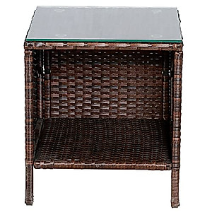 BTEXPERT Space Saving Outdoor Wicker Conversation 3 Piece Bistro Set Garden Patio Yard Porch Furniture Pe Rattan Two Chairs Cushions Side Storage Table Brown/Aqua Blue