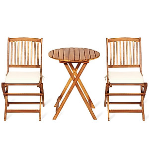 Generic VcJta 3 Piece Folding Acacia Wood Bistro Set with Cushions for Patio Conversations Outdoor Furniture, Wooden, E385022938355