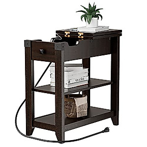 Narrow End Table with Charging Station, Flip Top Sofa Side Table with USB Ports and Outlets Farmhouse Nightstand with Storage Small Bedside Table for Bedroom Living Room Small Space