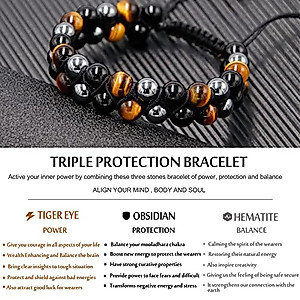 HASKARE Triple Protection Bracelet, Genuine Tigers Eye Black Obsidian and Hematite 8mm Beads Bracelet for Men Women, Crystal Jewelry Stone Bracelets Bring Luck and Prosperity and Happiness