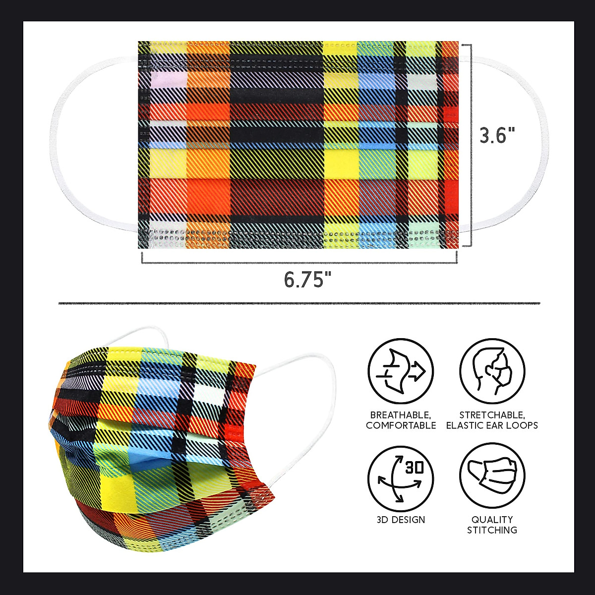 Sometheme Special 50PCS Unisex Adults Assorted Colors Single Use Face Mask Disposable Mixed Camouflage Protective Cover Mask Elastic Ear Loops (50 PC - Plaid Pattern)