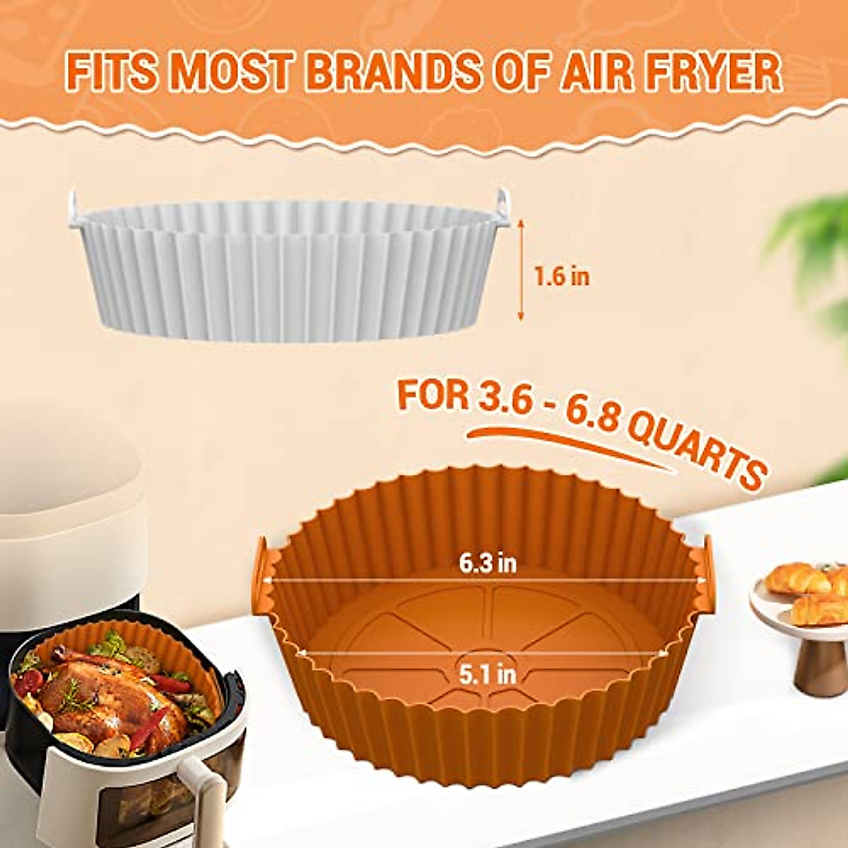 Air Fryer Silicone Liners, Znben 8 Inch Reusable Silicone Air Fryer Basket for Oven Non Stick Heat Resistant Air Fryer Silicone Pot for Oven Dishwasher Safe Fits 3-7 Qt Air Fryer 2Pack (Grey+Brown)