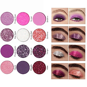 Glitter Purple Pink White Eye Eyeshadow Makeup Palette Pallets, 12Colors Dark Purple Bright High Pigmented sparkly Rainbow Colorful Pressed Glitter Bling Eyeshadow Eye Glitter Makeup Palette