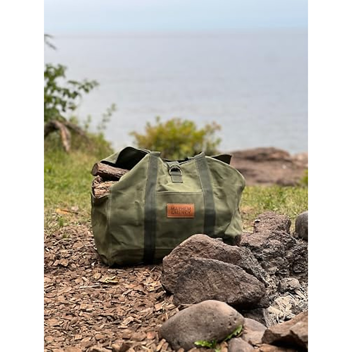 MAYHEM & MERCY Firewood Carrier - Waxed Canvas Wood Carrier For Firewood - Hunter Green Log Carrier For Firewood Fireplace Wood Rack Log Bag - Firewood