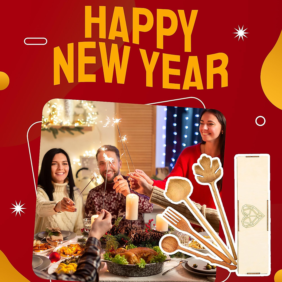 JABIHOME 4 Wooden Spoons and Forks Set, Hostess Gifts for Women, Valentines Day Gifts for Her, Cooking Gifts for Women, Valentines Day Decor, Engagement Gifts for Her