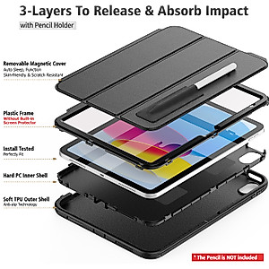 SEYMAC stock Case for iPad 10th Generation 10.9'' Case 2022, Shockproof Tri-Fold Stand Case with Pen Holder, Detachable Magnetic-Cover with Auto Sleep/Wake Case for iPad 10th Generation 10.9'', Black