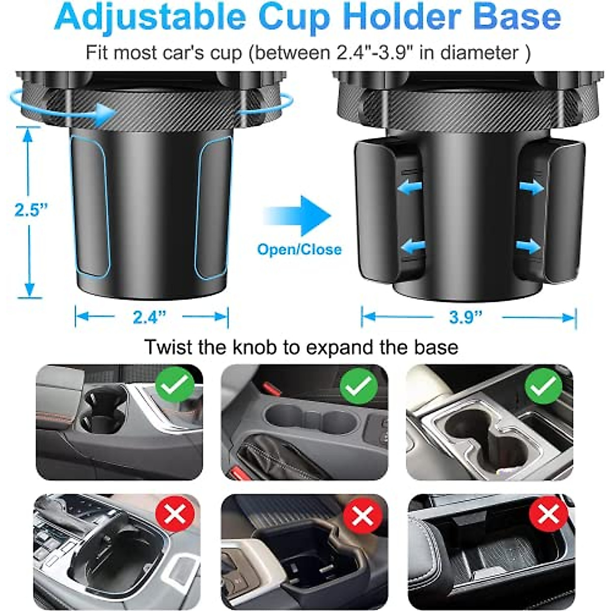 AQTZGOS Car Cup Holder Phone Mount ,2 in 1 Adjustable Cup Holder Extender Adjustable Base with 360° Rotation, Cup Phone Holder for All Smartphones