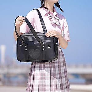 Chillpaper Large Japanese Shoulder Bag Kawaii Aesthetic Bookbag,Messenger Bag with Pink Pompom Stripe Strap (A3 Big Size,Black Heart Window Pocket)