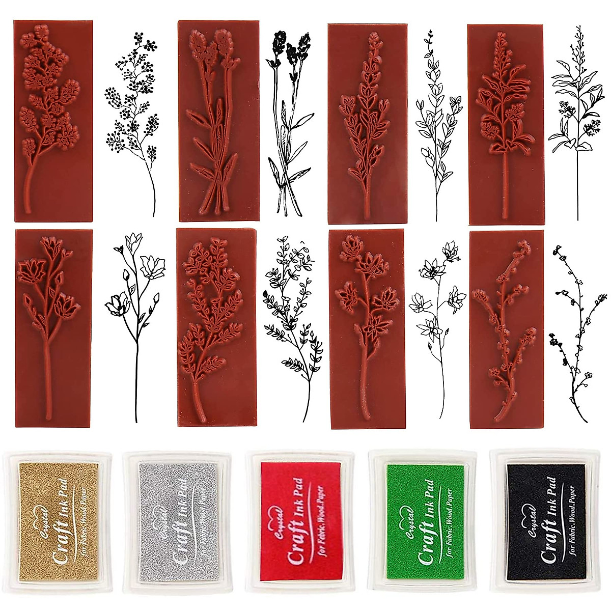 Yayatty 8 PCS Vintage Wooden Rubber Stamps with 5 PCS Craft Ink Stamp Pads Set, Wooden Plant Stamps Set Vintage Rubber Stamps for Crafting for DIY Craft, Letters Diary and Craft Scrapbooking