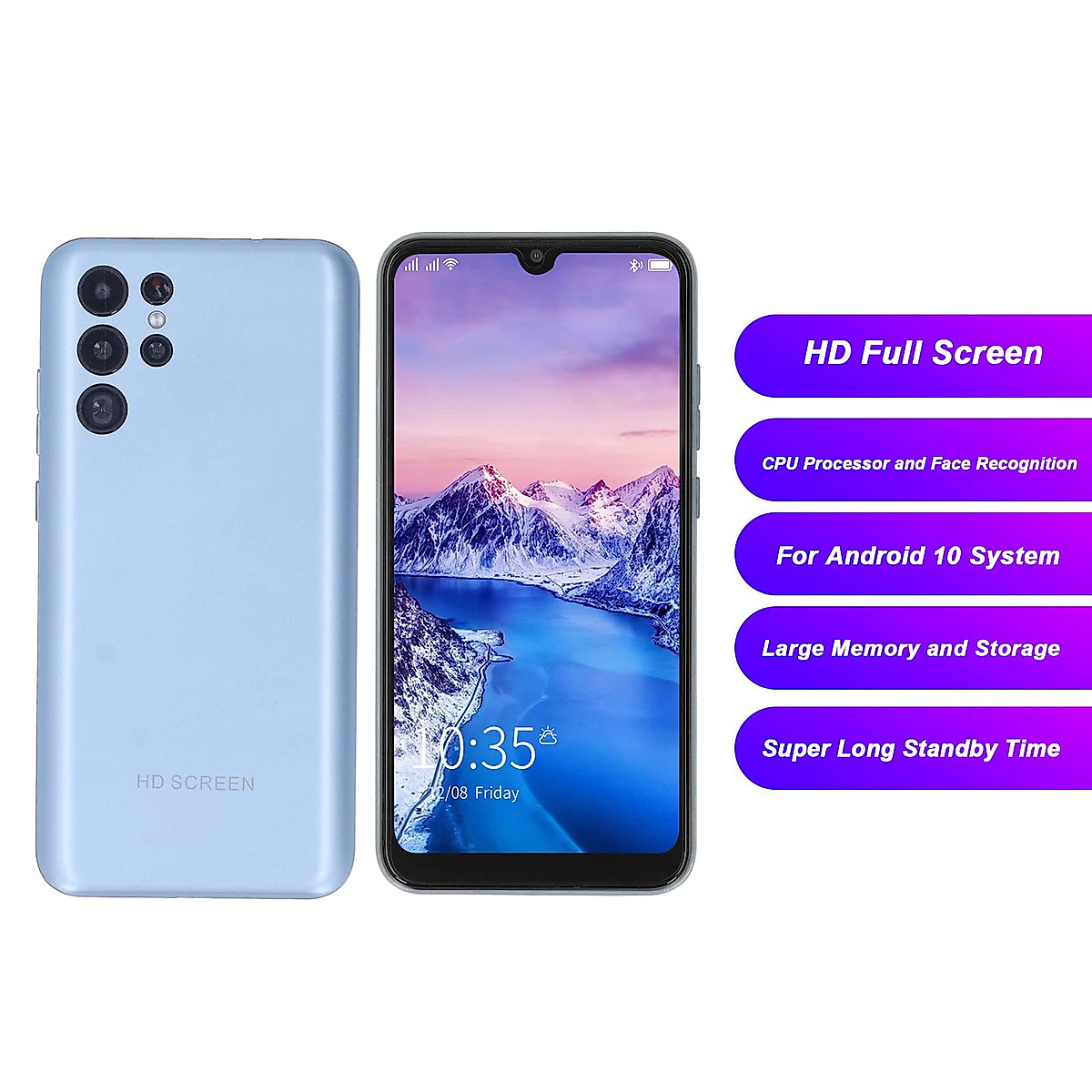 6.26 Inch Slim 3G Smart Phone Dual SIM Cell Phone for Android 10 OS, HD Full Screen Mobile Phone Support Face Recognition, Ten Core Processor, 4GB 64GB, Front and Rear HD Camera, 2800mAh(Light Blue)