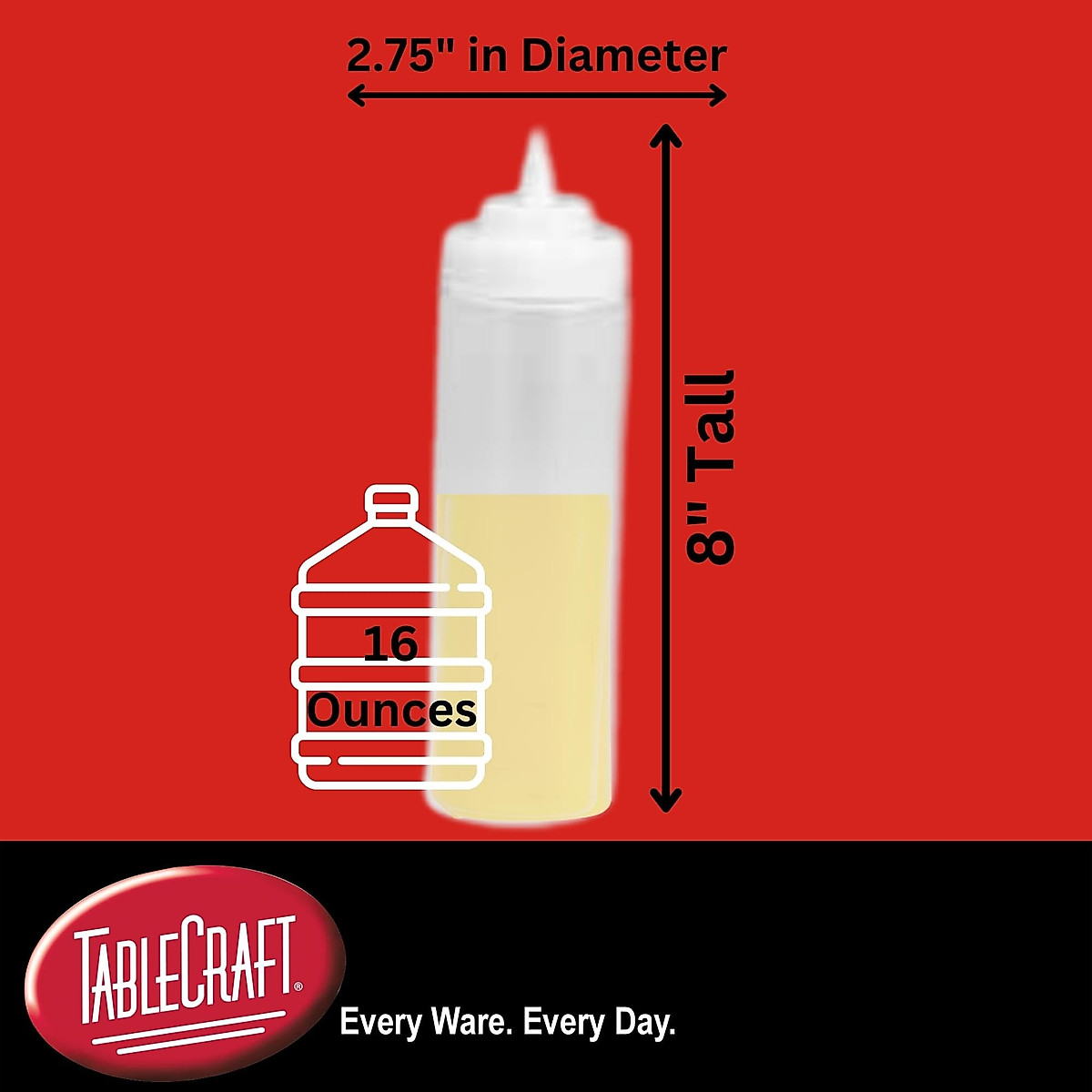 Tablecraft Plastic Condiment Squeeze Bottles, Foodservice Restaurant Commercial Grade Widemouth 53mm Empty Squirt Dispenser for Olive Oil, BBQ Sauce, Dressing, Food Prep, 8 oz, 237 mL, Clear, 6