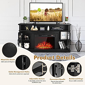 SIMOE 58 Inch Electric Fireplace TV Stand for TVs up to 65 Inch, Modern TV Console with 23'' Fireplace, 2 Open Shelves & Cabinets, Fireplace Heater with 3 Brightness, 6H Timer & Remote Control, Black