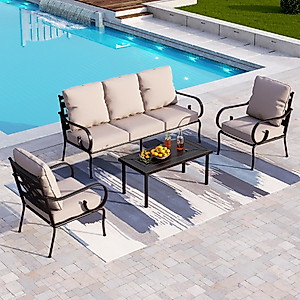 PHI VILLA 4 Pieces Extra Large Patio Outdoor Furniture Sets, Heavy Duty Patio Conversation Sets for 5, 1x 3-Seat Outdoor Sofa, 2 Armchairs and 1 Coffee Table for Backyard, Porch and Garden