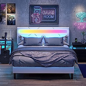 LIKIMIO Full Bed Frame with LED Lights, Modern PU Leather Upholstered Platform Bed with Headboard, No Box Spring Needed/Noise-Free/Easy Assembly, White