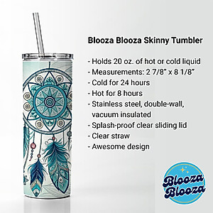 Abstract Teal Blue Dream Catcher Southwestern Design Skinny Tumbler 20oz with Straw Insulated Water Bottle Gift