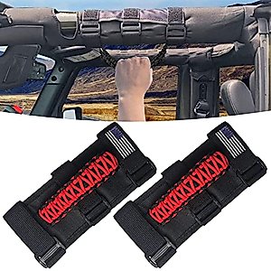 Miytsya 2 Pack Roll Bar Grab Handles Grip Handle, for Jeep Wrangler YJ TJ JK JL & Gladiator JT 1955-2022 UTV ATV, 10.2In x 5.1In 3 Straps Fixed American Flag Pattern Car Roof Handles Strap (Red)