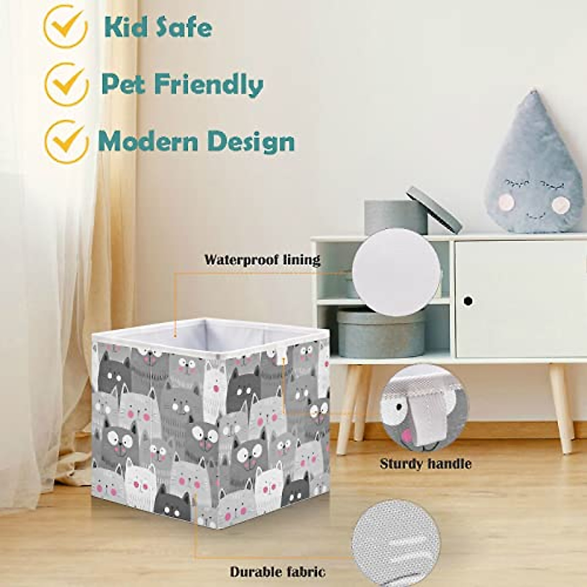 visesunny Rectangular Shelf Basket Cat Animal Clothing Storage Bins Closet Bin with Handles Foldable Rectangle Storage Baskets Fabric Containers Boxes for Clothes,Books,Toys,Shelves,Gifts