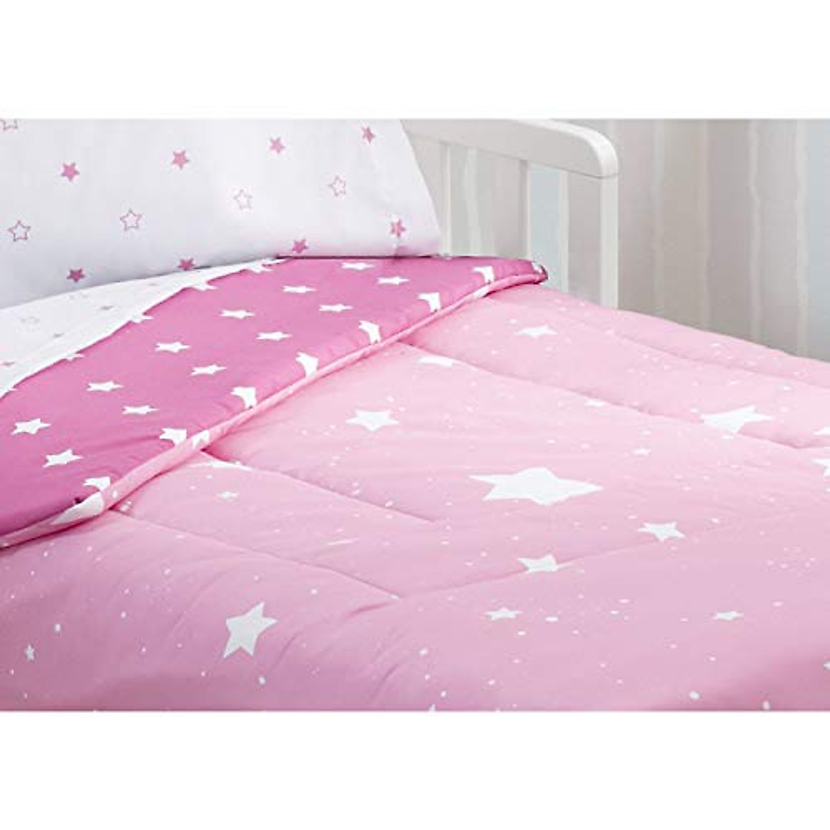Delta Children 4 Piece Toddler Bedding Set for Girls - Reversible 2-in-1 Comforter - Includes Fitted Comforter to Keep Little Ones Snug, Bottom Sheet, Top Sheet, Pillow Case - Pink Blushing Star